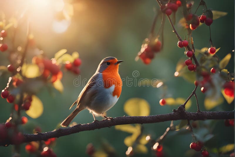 Robin Bird Sitting on a Tree Branch with Red Berries in the Sunlight ...