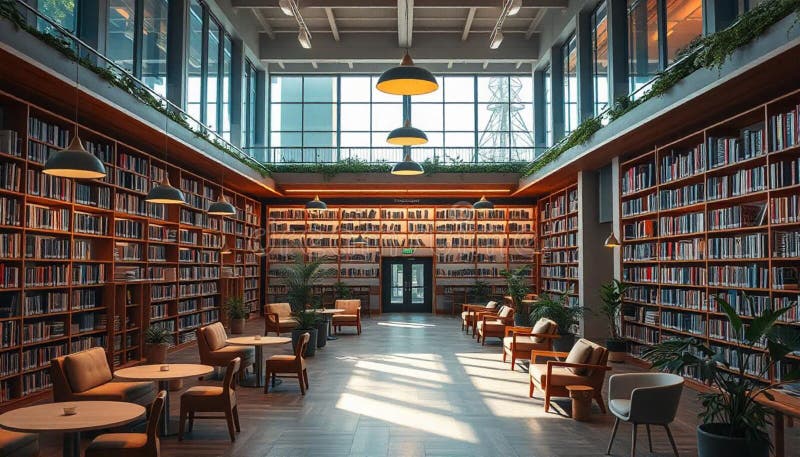 Peaceful Library Interior with Inviting Reading Corners and Soft ...