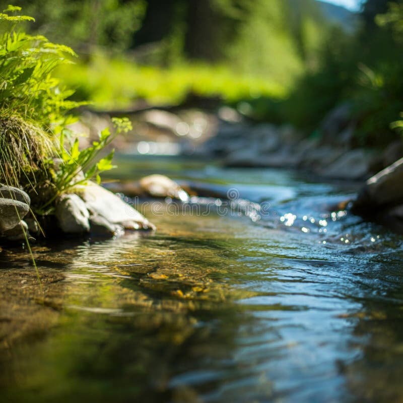 AI-Generated Serene Stream Flowing Over Rocks with Verdant Plant Stock ...