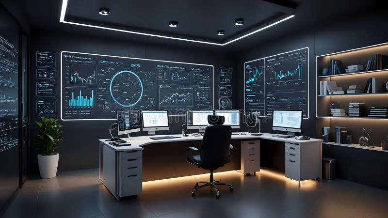 Modern Dark Office with Futuristic Data Visualization Screens Stock ...