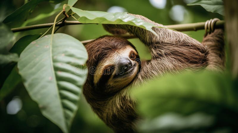 Smiling Sloth Hanging from Tree Branch in Lush Green Forest Environment ...