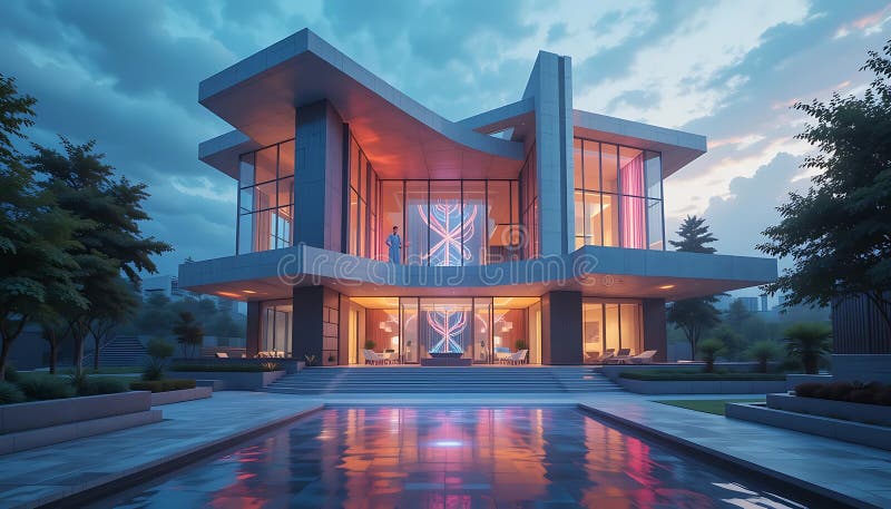Modern Luxury Smart Home with Infinity Pool and Neon Art Stock ...