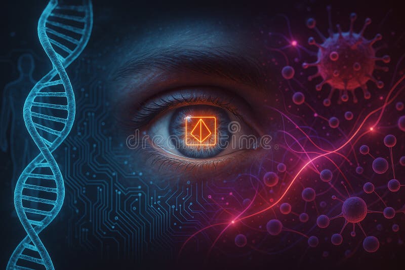 AI Generated Image of a Digital Eye System with DNA Structure and Abstract Bioenergy Flow ...