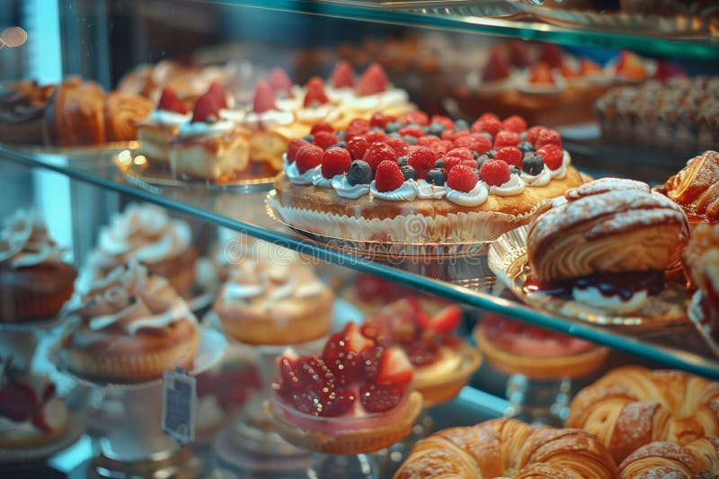 Assorted Pastries and Tarts in a Bakery Showcase. Stock Illustration ...