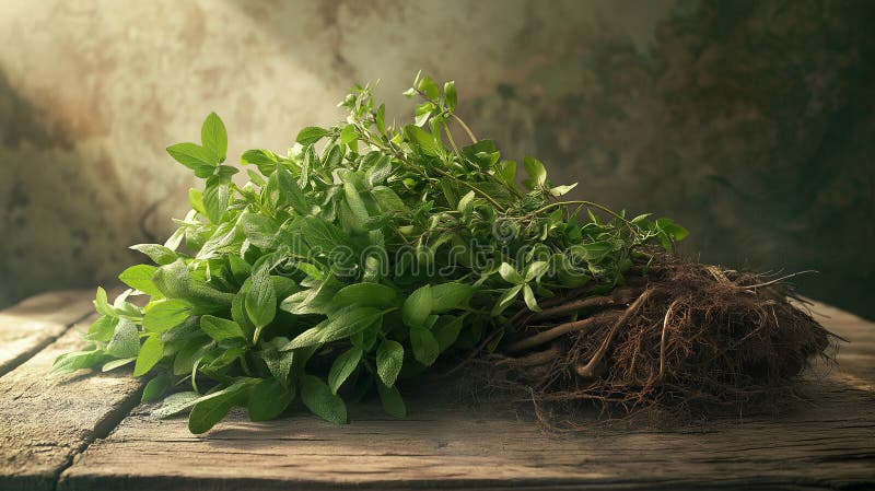 Freshly Harvested Herbs with Roots on a Rustic Wooden Surface Stock ...