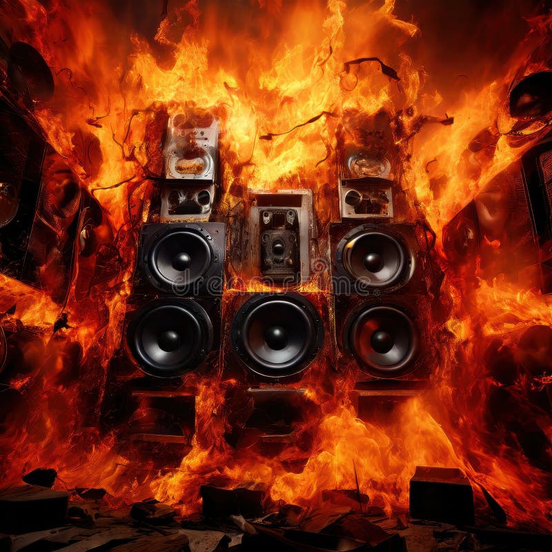 Tower of Burning Speakers with Intense Flames and Smoke Stock Photo ...