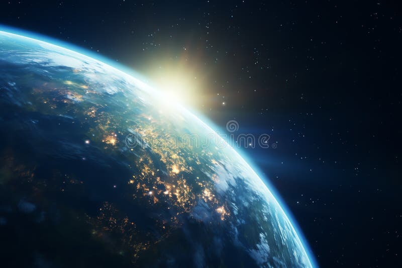 Earth Close Up Illustration with Backlight in Outer Space, Solar System ...