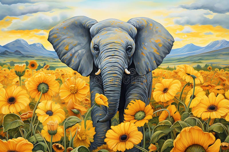 Elephant Standing in Sunflower Field Stock Illustration - Illustration ...