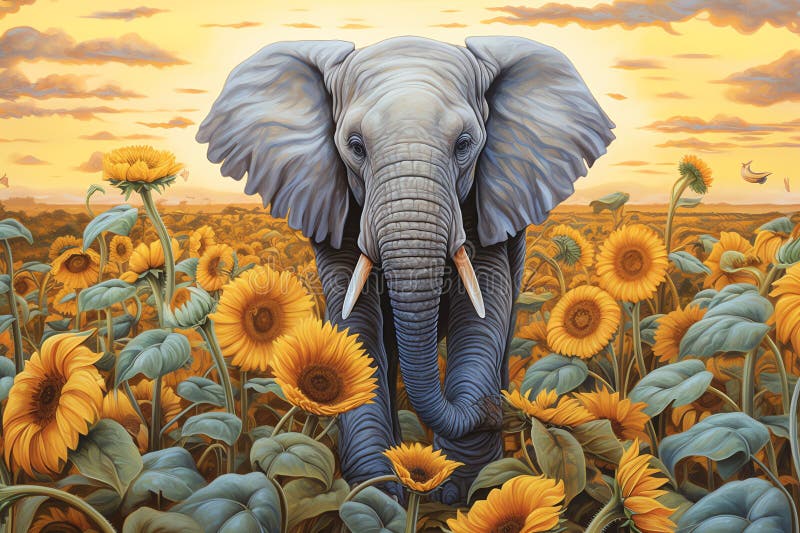 Elephant Standing in Sunflower Field Stock Illustration - Illustration ...