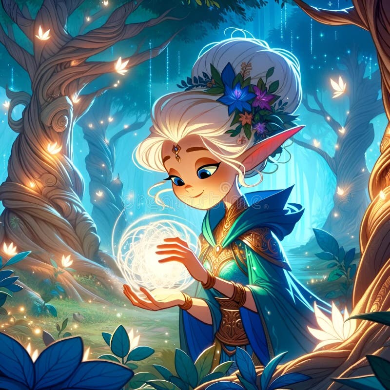 Enchanted Elf with Glowing Artifact in Luminous Forest. AI-generated ...