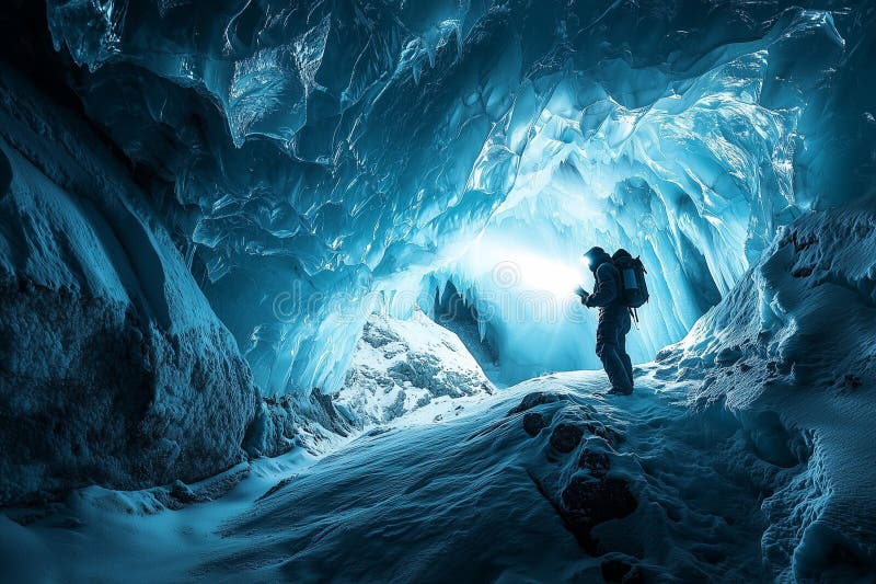 Explorer in Icy Cave with Blue Ice Formations Stock Photo - Image of ...