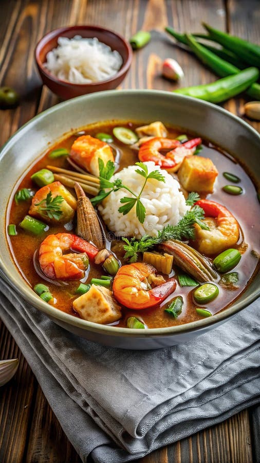 Gambo Soup with Shellfish and Okra on Modern Plate Stock Image - Image ...