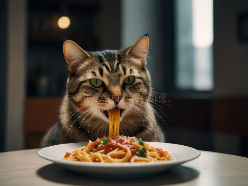 Tabby Cat Hilariously Enjoying a Plate of Spaghetti with Tomato Sauce ...