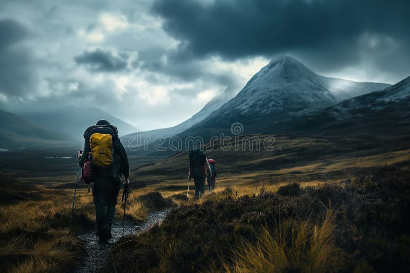 Hikers Trekking through a Stormy Mountain Landscape Stock Illustration ...