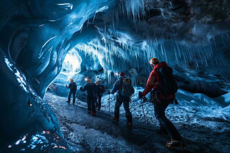 Group of Ice Climbers Exploring a Frozen Cave Stock Illustration ...