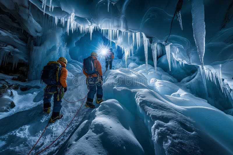 Group of Ice Climbers Exploring a Frozen Cave Stock Illustration ...