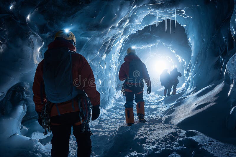 Group of Ice Climbers Exploring a Frozen Cave Stock Illustration ...