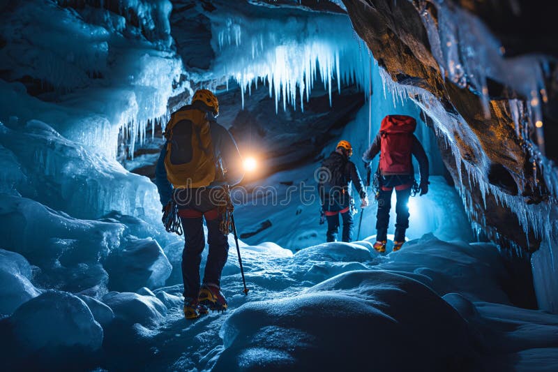 Group of Ice Climbers Exploring a Frozen Cave Stock Illustration ...