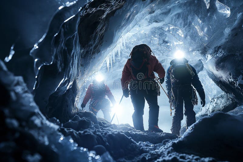 Group of Ice Climbers Exploring a Frozen Cave Stock Illustration ...