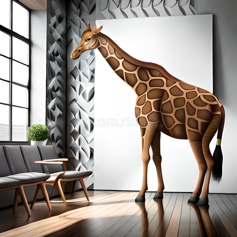 Giraffe by Window in Studio with Giant White Canvas Stock Illustration ...