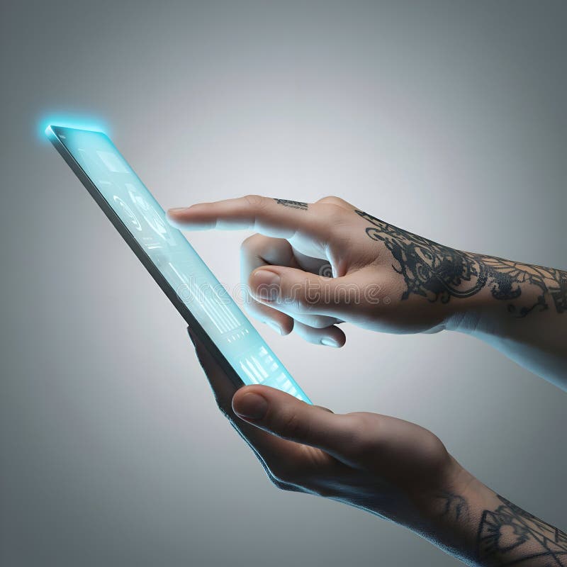 AI Generated: Person with Tattoos Holding Tablet Showing Glowing Data ...