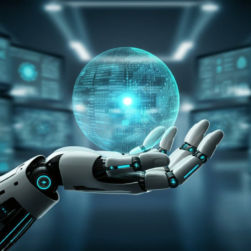 AI-Generated Robot Hand Holding Glowing Digital Sphere Stock ...