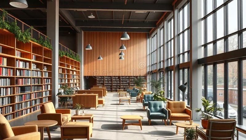 Tranquil Library Interior with Cozy Reading Corners and Gentle Natural ...