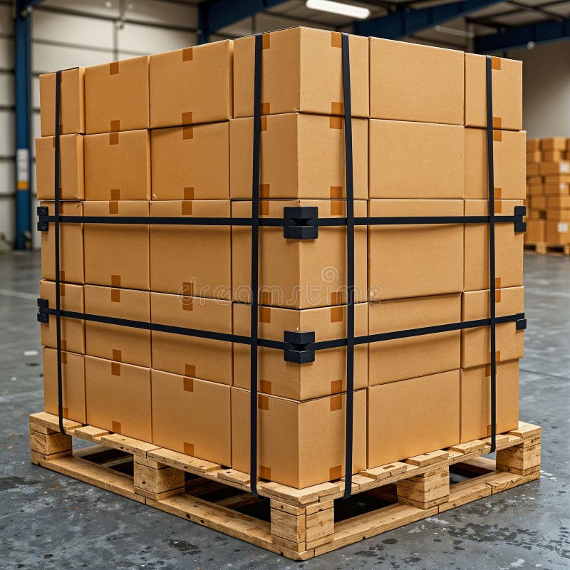AI Generated Pallet of Cardboard Boxes Secured with Straps in Warehouse ...