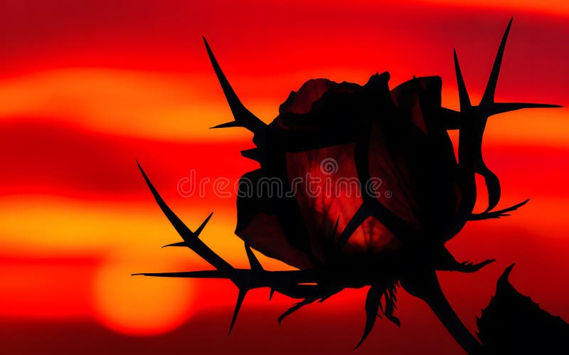 Generative-AI, Silhouette of a Rose with Thorns Against a Fiery Red and ...