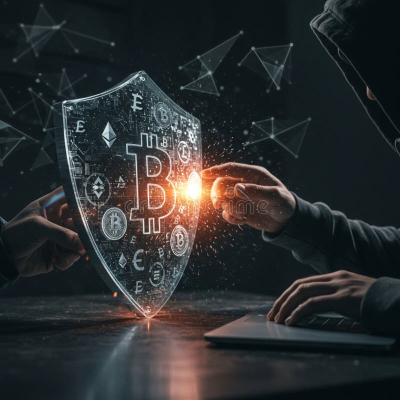 AI Generated Shield Protecting Cryptocurrency Symbols with Person Reaching for it Stock ...