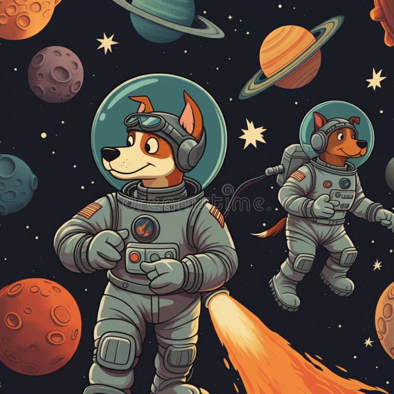 AI-Generated Illustration of Two Dogs in Space Suits among Stars and ...