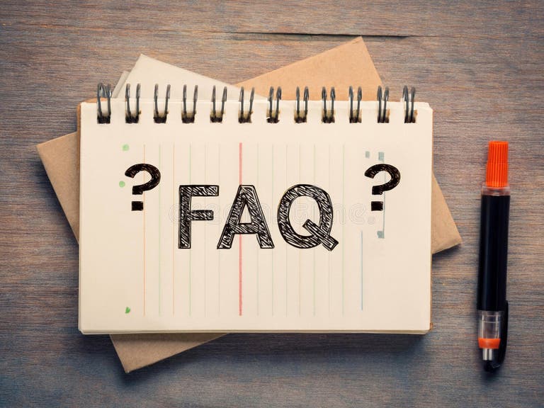 FAQ Written on a Spiral Notebook with a Pen and Question Marks Stock ...