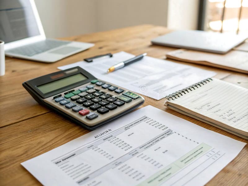 Calculator and Financial Documents on a Desk Stock Illustration ...