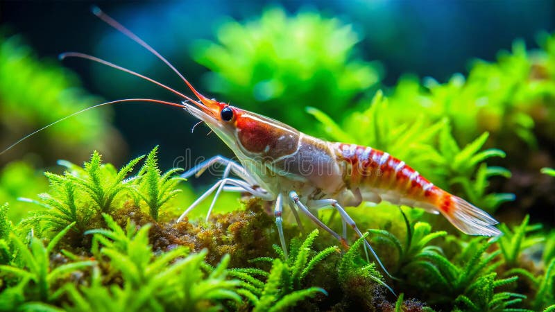 Yamato Shrimp Resting on Java Moss in Water Stock Illustration ...