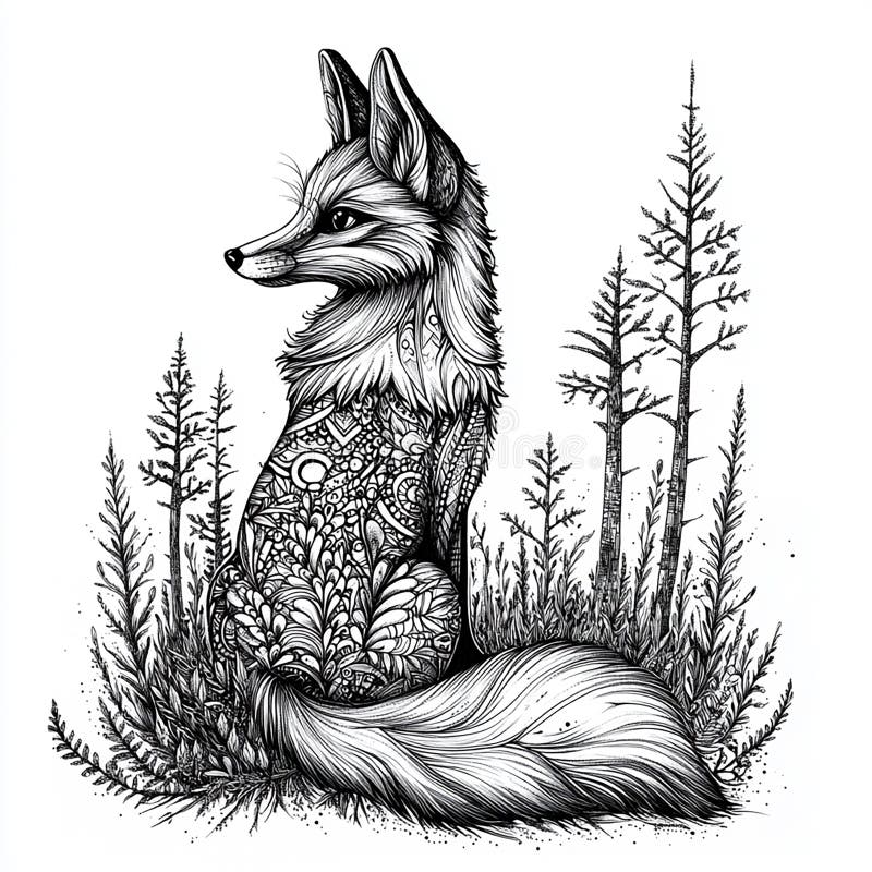 Hand-drawn Fox with Zentangle Patterns Sitting in a Forest Stock ...