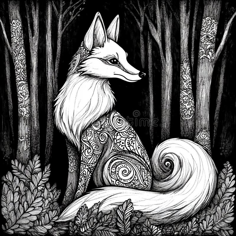 Hand-drawn Fox with Zentangle Patterns Sitting in a Forest Stock ...