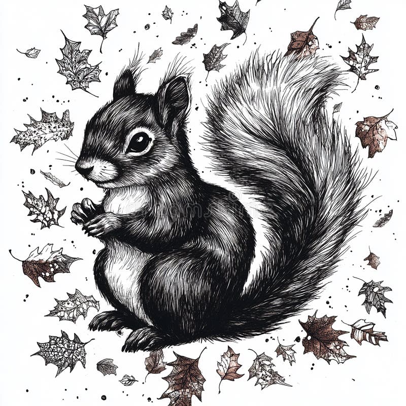 Hand-drawn Squirrel with a Fluffy Tail Surrounded by Autumn Leaves with ...