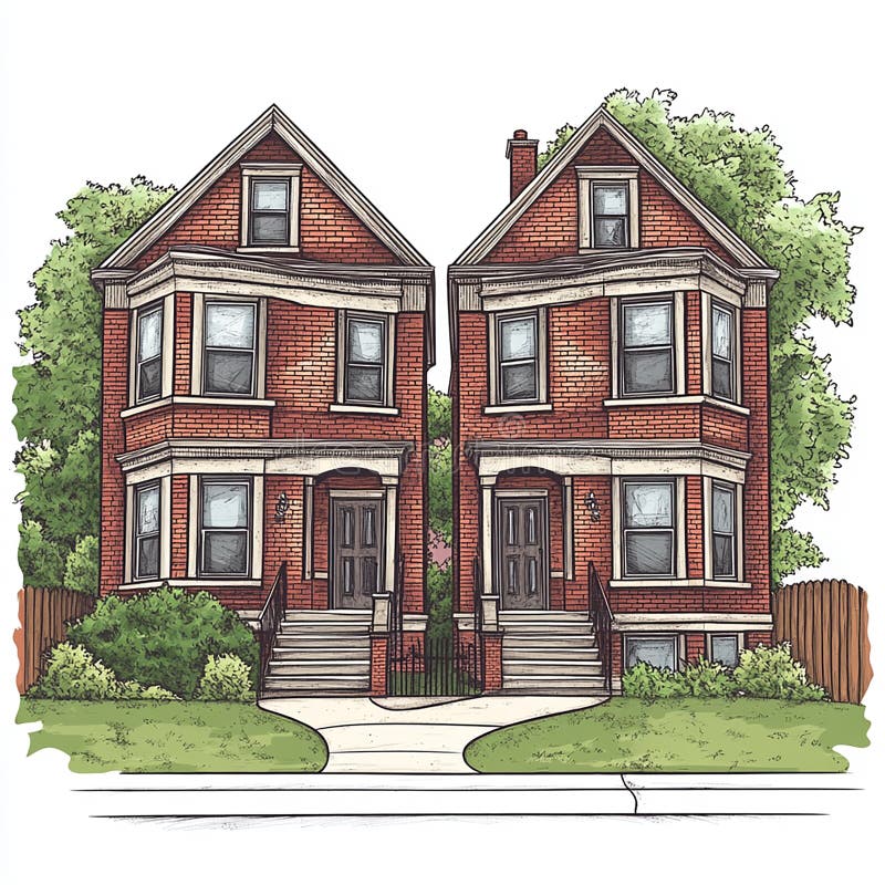 Hand-drawn Vector of a Duplex House with Two Symmetrical Units and a ...