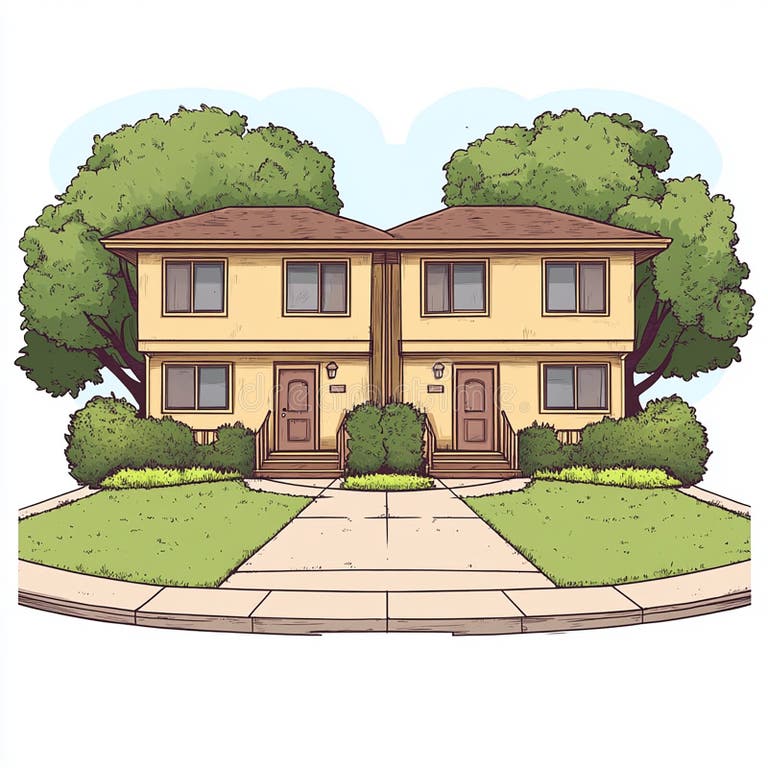 Hand-drawn Vector of a Duplex House with Two Symmetrical Units and a ...