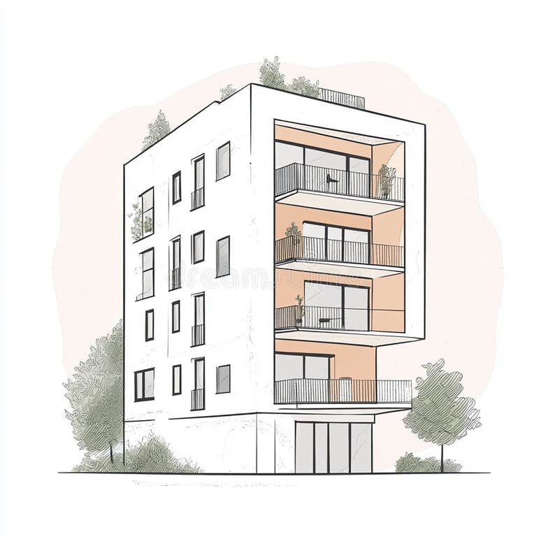 Hand-drawn Vector of a Modern Multi-unit Building with Clean Geometric ...