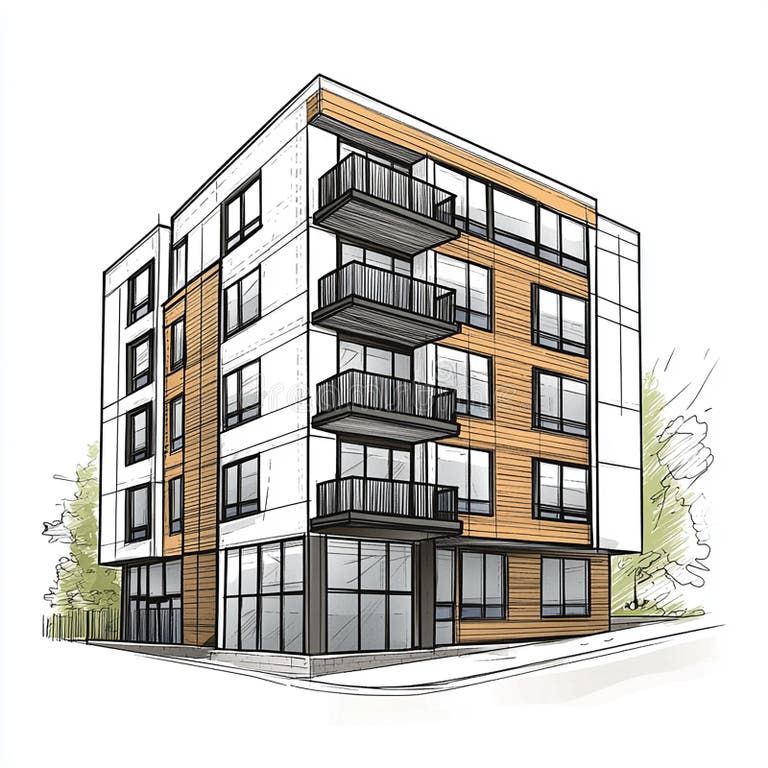 Hand-drawn Vector of a Modern Multi-unit Building with Clean Geometric ...