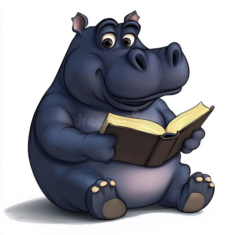 Hippo Reading a Book Sitting Down Stock Illustration - Illustration of ...