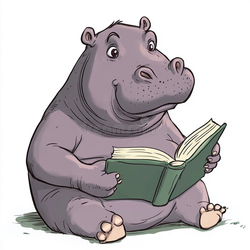 Hippo Reading a Book Sitting Down Stock Illustration - Illustration of ...