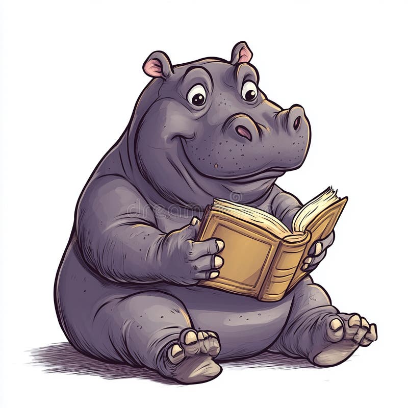 Hippo Reading a Book Sitting Down Stock Illustration - Illustration of ...