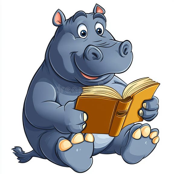 Hippo Reading a Book Sitting Down Stock Illustration - Illustration of ...