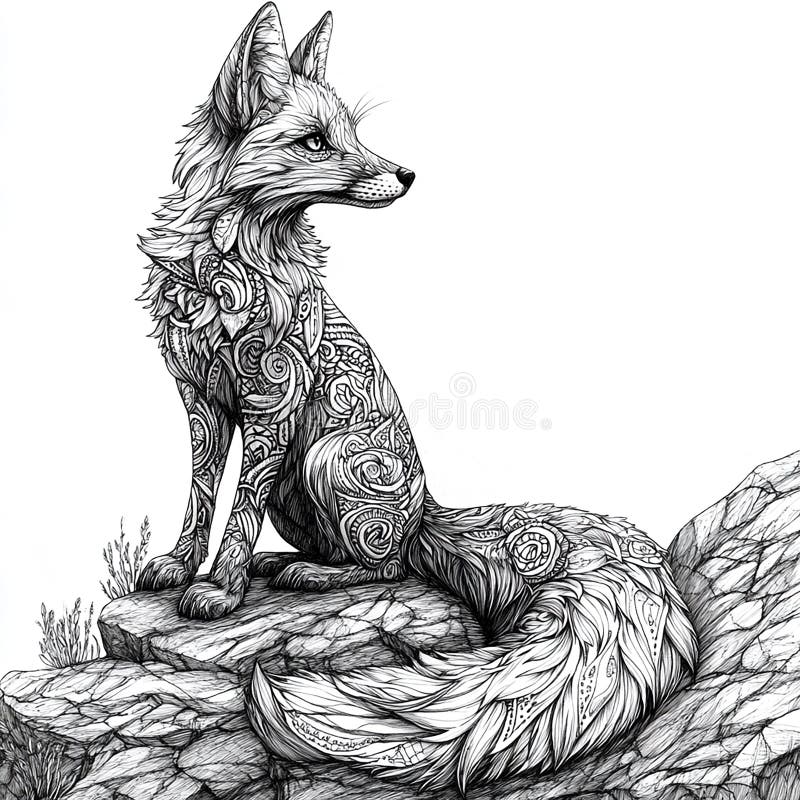 Line Art Fox Sitting Gracefully with Zentangle Patterns Stock ...
