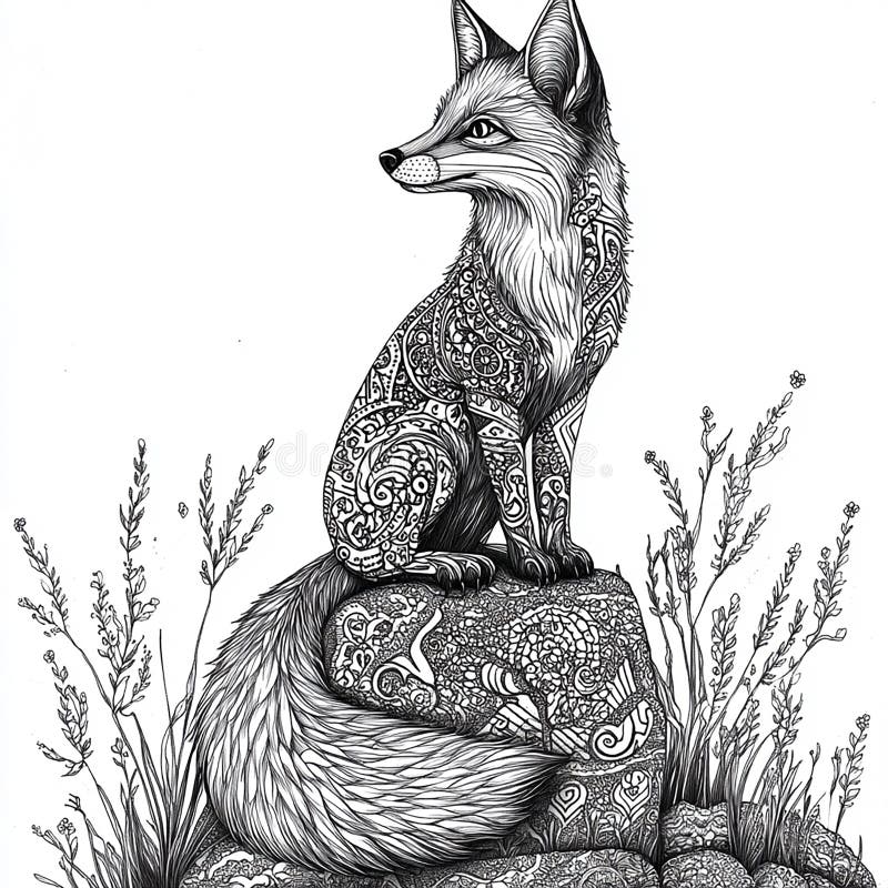 Line Art Fox Sitting Gracefully with Zentangle Patterns Stock ...
