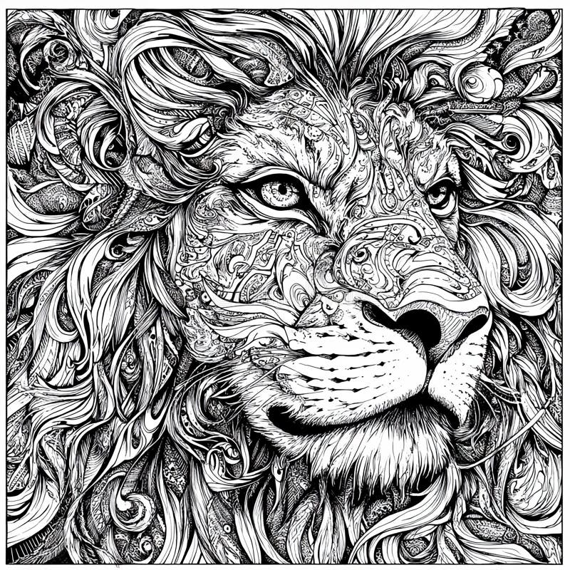 Lion S Face with Flowing Mane and Zentangle Elements for Monochrome ...