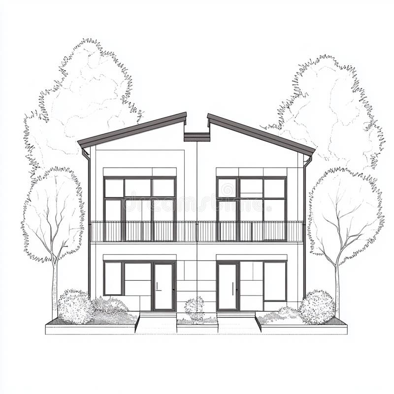 Minimalist Line Drawing of Duplex with Separate Entrances in ...