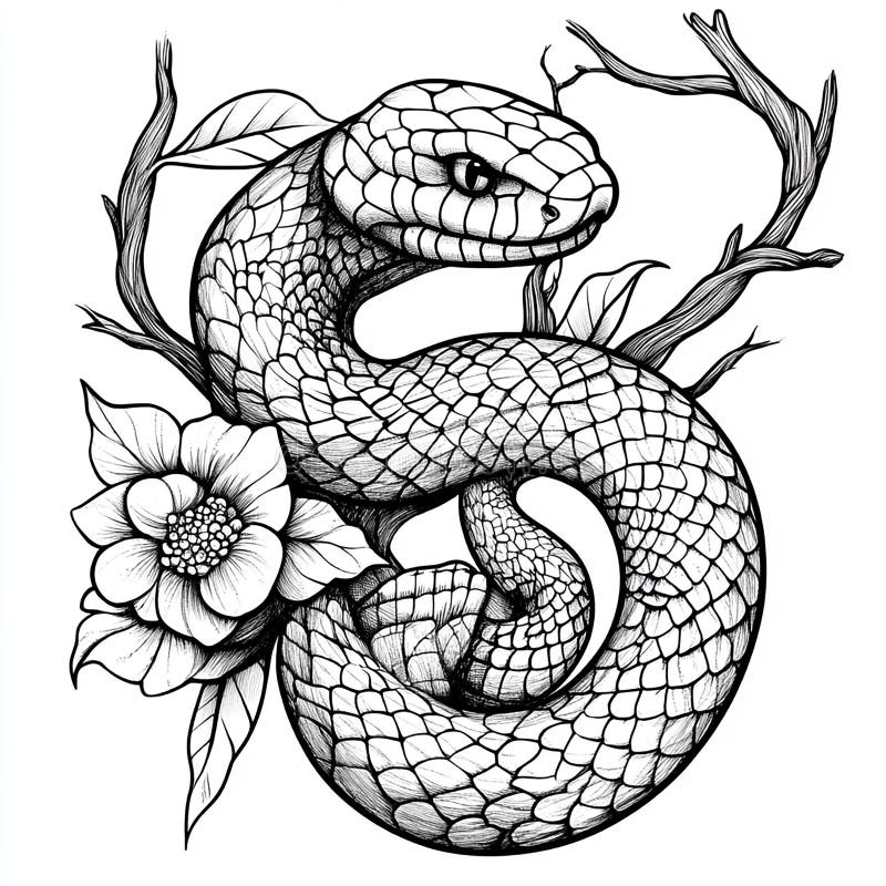 Snake Coiling Around a Branch with Zentangle Patterns in Black and ...
